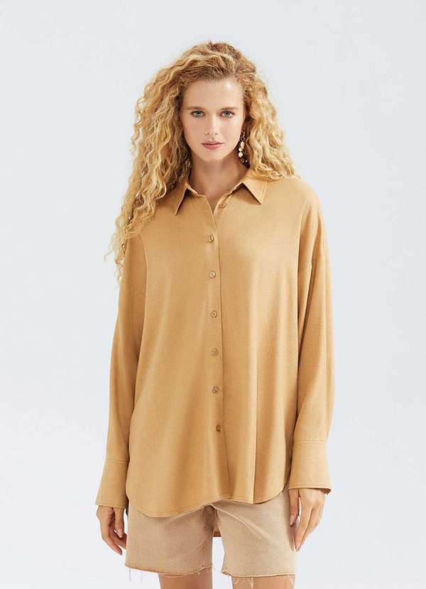 Camisa Feminina Alongada Manga Longa com Linho Bege - Hering Oficial