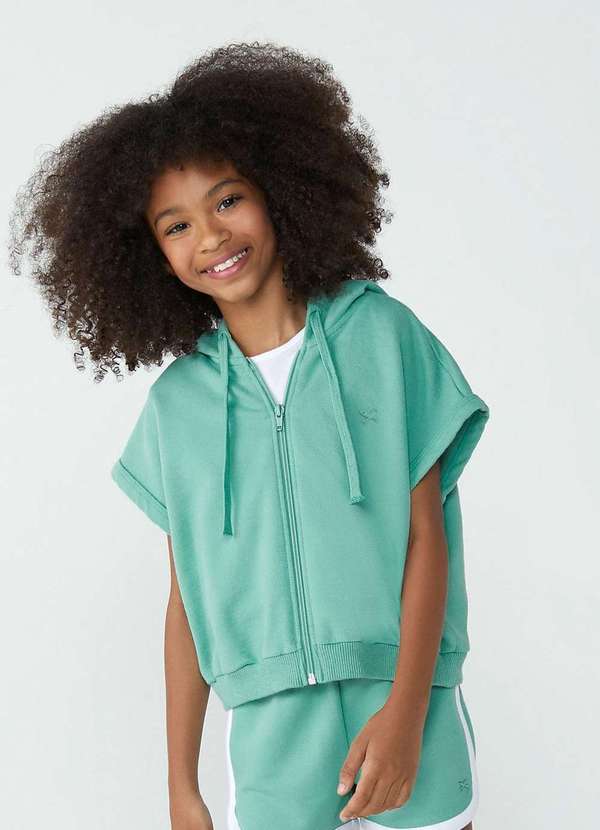 Colete Basico Infantil Menina Cropped com Capuz Verde - Hering