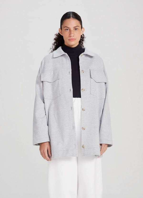 Casaco Basico em Moletom Peluciado Feminino com Botoes Cinza - Hering Oficial