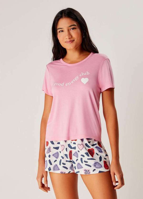 Pijama Feminino Manga Curta em Malha com Algodao Rosa - Hering Oficial Pijama Feminino Manga Curta em Malha com Algodao Rosa - Hering Oficial