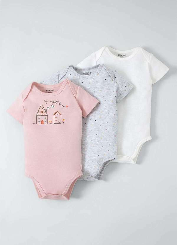 Kit com 3 Bodies Bebe Menina em Ribana Cinza - Hering Oficial