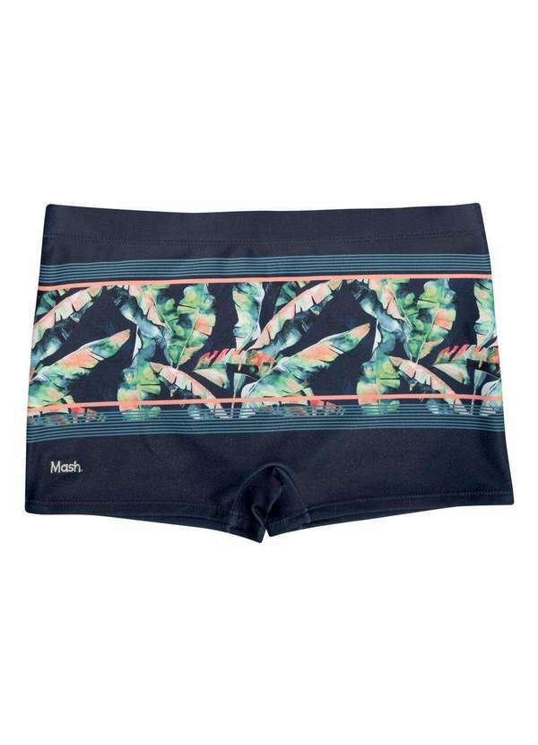 Sunga Boxer Estampada Folhagem com Listras Azul Marinho - Mash