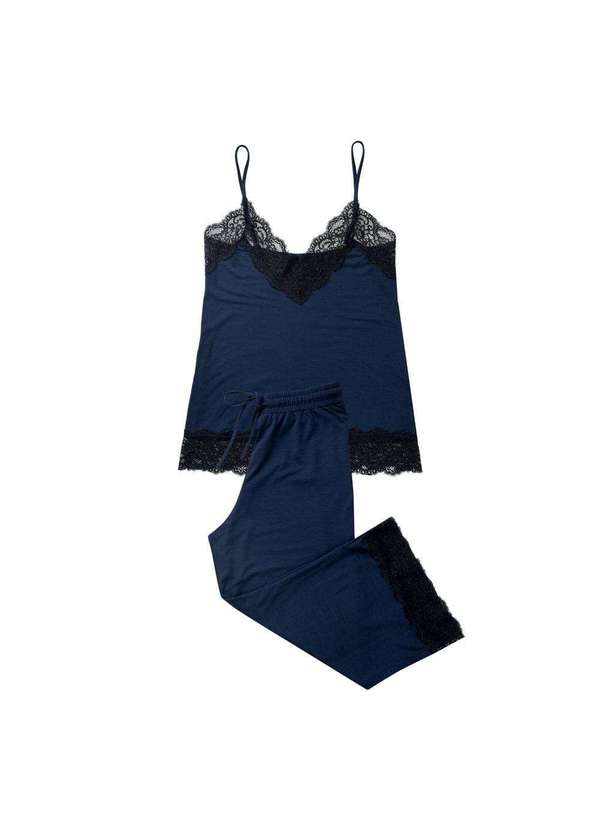 Conjunto Pijama Feminino She Regata Renda e Calça Pantacourt Azul ...