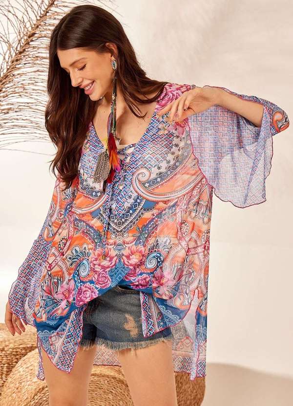 Bata de Tule Transparente Azul Estampada Yacamim Multicores - Yacamim