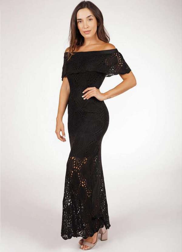 Vestido Pink Tricot Longo de Tricô Pala Ombro a Ombro Feminino Preto ...