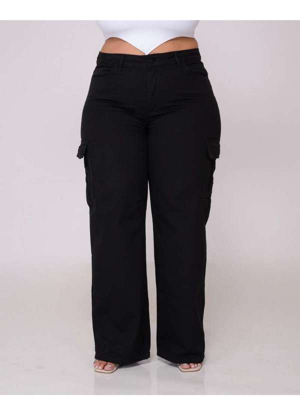 Calça Jeans Feminina Cargo Plus Size - 38430 Preto - Madame Geri