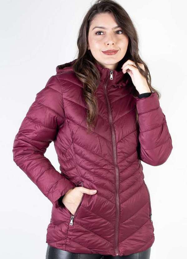 Jaqueta Feminina de Nylon Alongada com Capuz 80236 Bordô - Enluaze