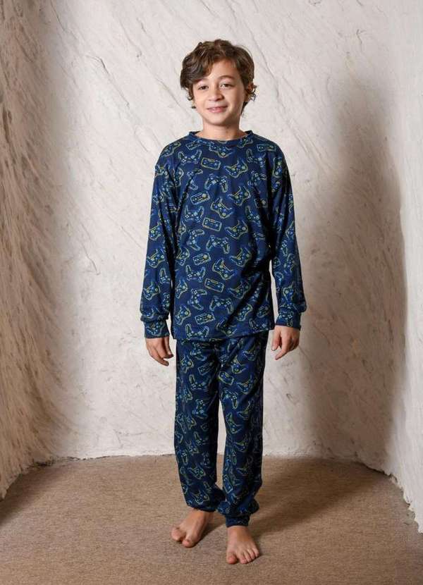 Pijama Inf Masc Suede Menino Manga Longa Inverno Azul - Cia da Malha