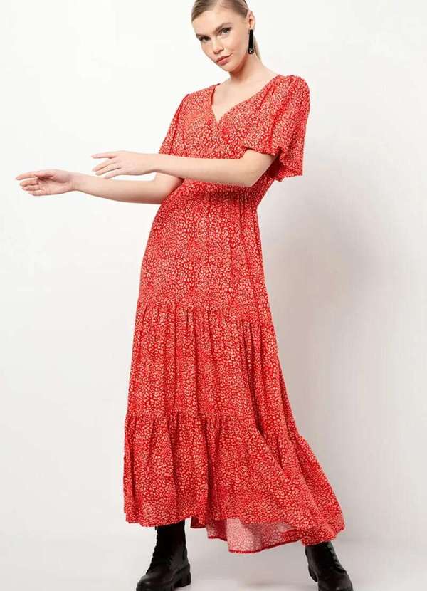 Vestido Longo Maxi Ampla em Viscose com Estampa Exclusiva - Vermelho ...