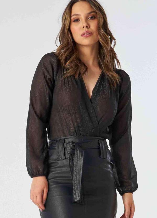 Body Pks Manga Longa Fios Lurex Preto - PKS