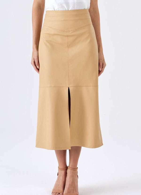 Saia Midi Pks Fenda Frontal Bege - PKS