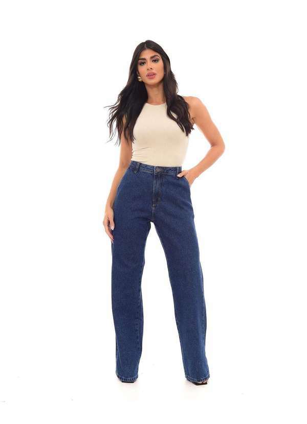 Calca Jeans Wide Leg Feminina Cintura Alta Carpinteiro Azul ...