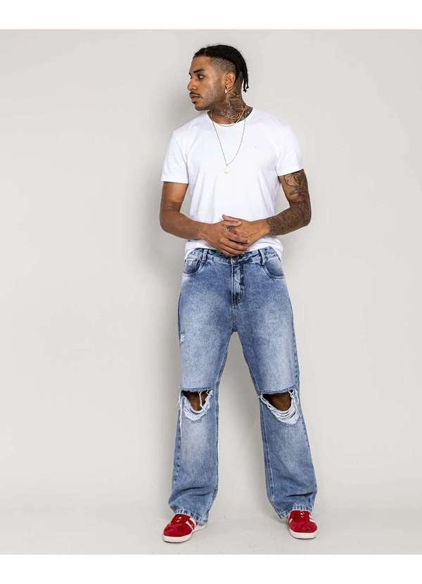 Calca Jeans Masculina Baggy Rasgada no Joelho Azul - Consciencia Jeans