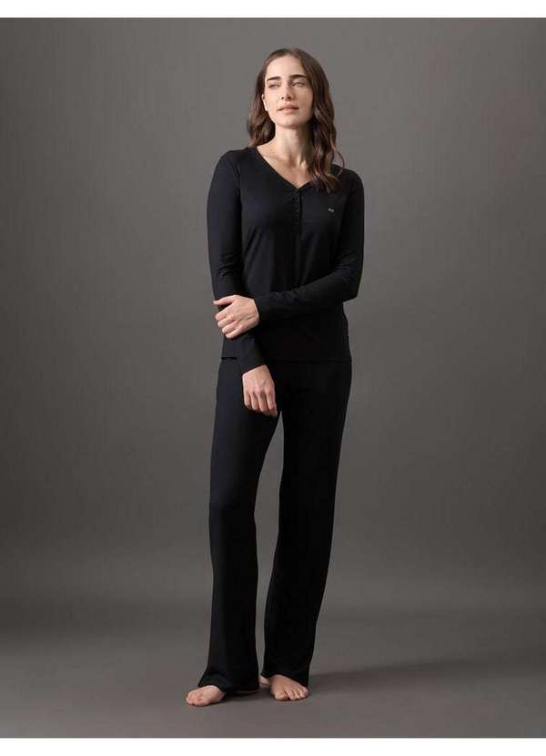Pijama Feminino Manga Longa e Calça Canelada Calvin Klein Underwe Preto ...