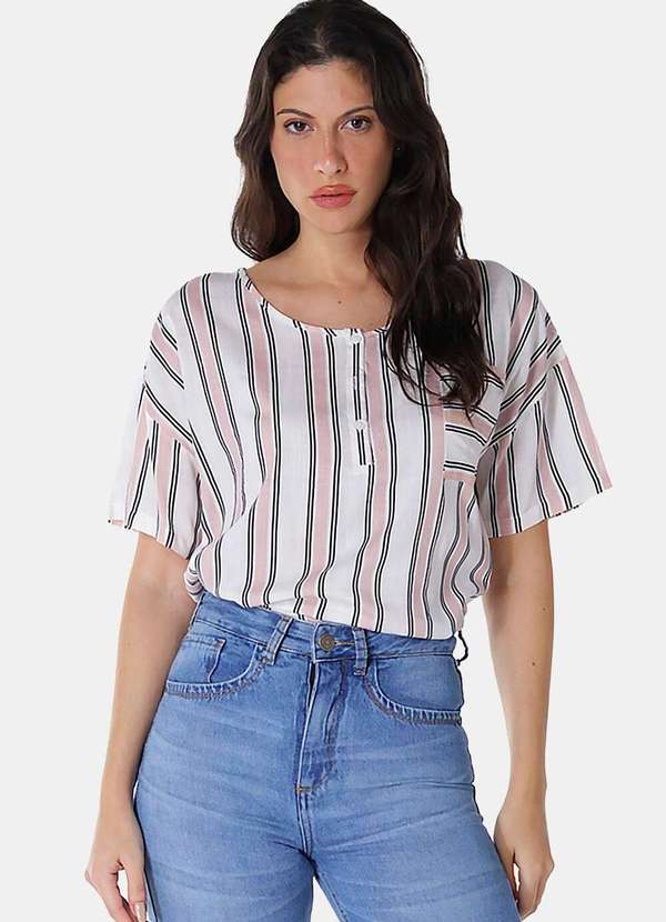 Blusa de Viscose com Mangas Listrada - Rosa - Sob Moda