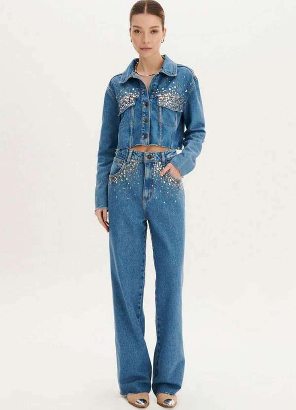 Calça Wide Leg Jeans Cintura Alta com Aplicações A0004 - My Favorite
