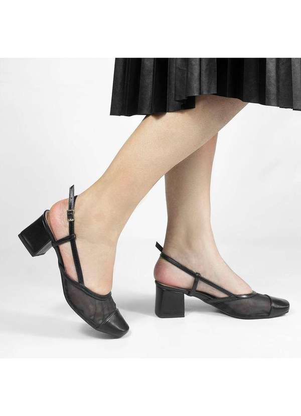 Slingback Zatta Retro Bico Quadrado Tela Taty Preto - Zatta Calcados