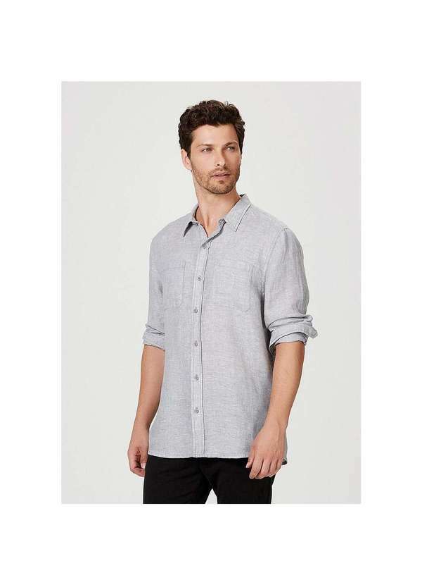 Camisa Masculina em Tecido de Linho com Bolsos Cinza-Claro - Heringx