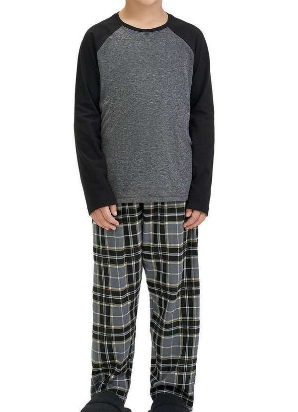 Pijama Infantil Menino Longo Kaputz 2060015 Chumbo-Xadrez - Meias Sao Jorge