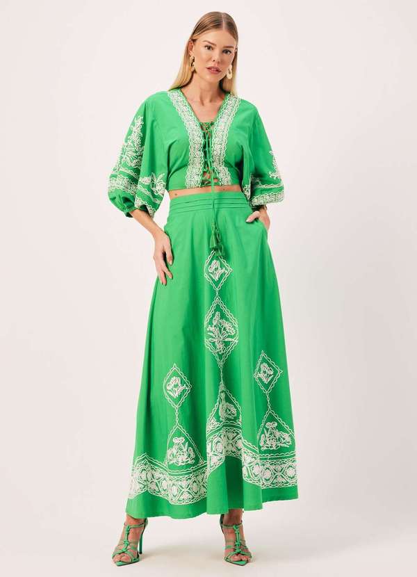 Blusa Bordada com Barbicacho Tecido Plano Dimy Verde - Dimy