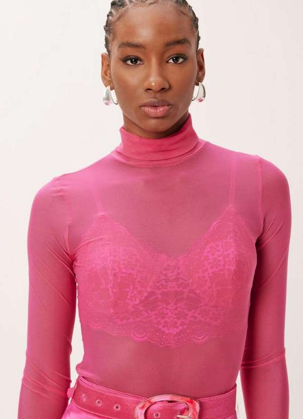 Blusa Cacharrel Transparente de Malha Feminino Dimy Rosa - Dimy