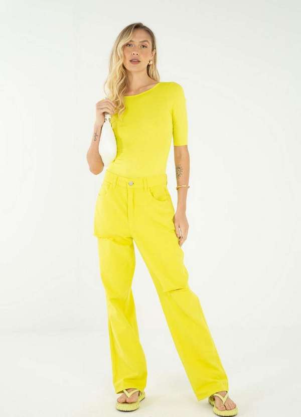 Body Slim com Meia Manga de Malha Feminino Dimy Amarelo - Dimy