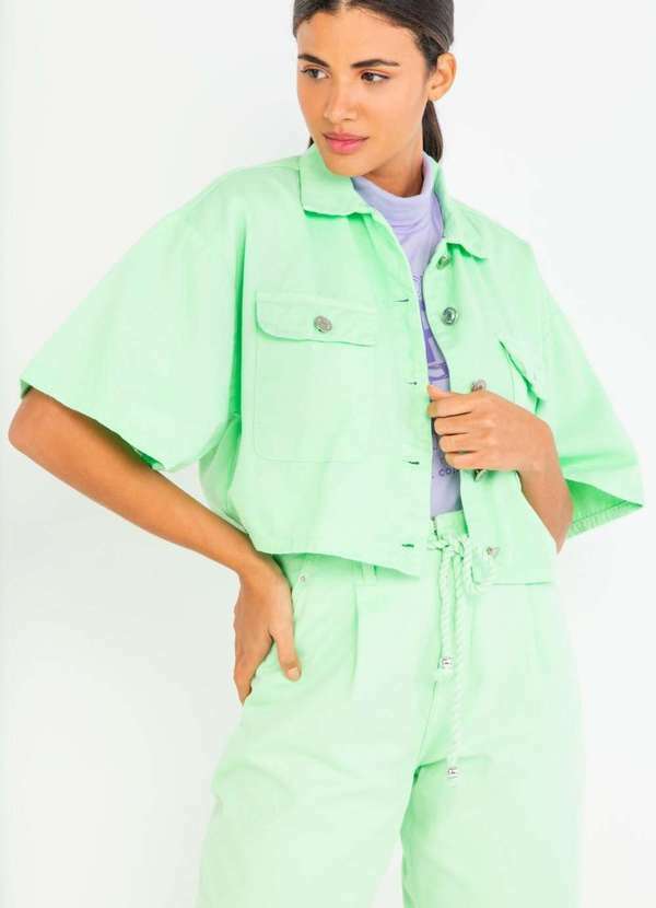 Camisa Dimy Feminina Cropped Manga Ampla com Bolso Frontal Multicores ...