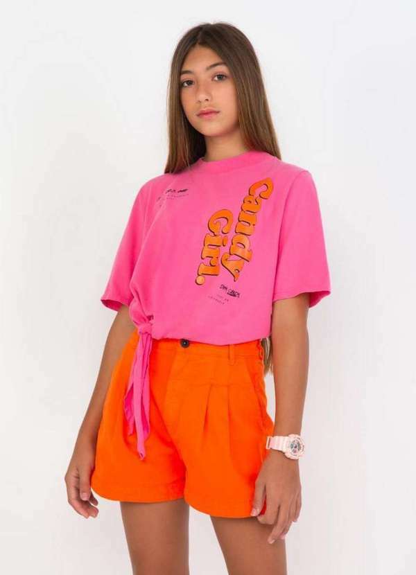Tshirt Infantil Lavada com Amarração Lateral Dimy Candy Rosa - Dimy