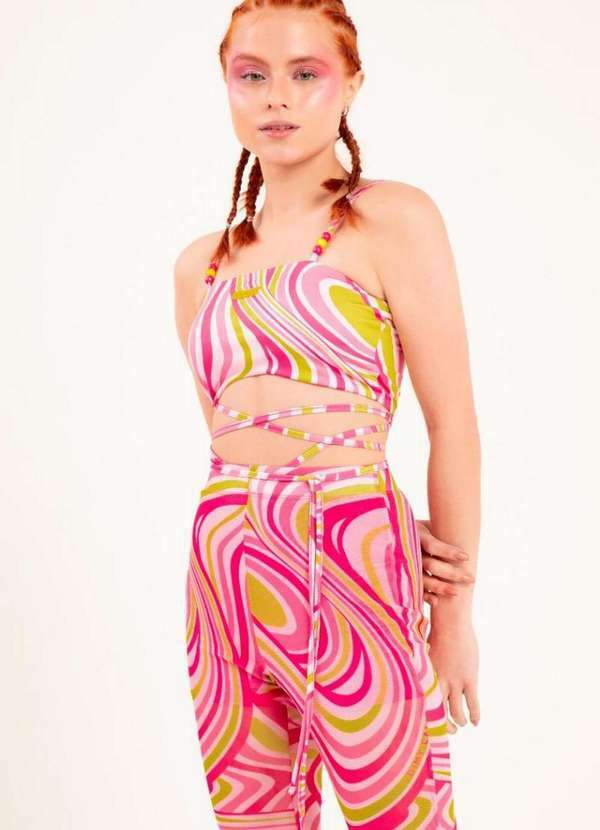 Top Faixa Estampado com Assimetria de Malha Infantil Dimy Candy Rosa - Dimy