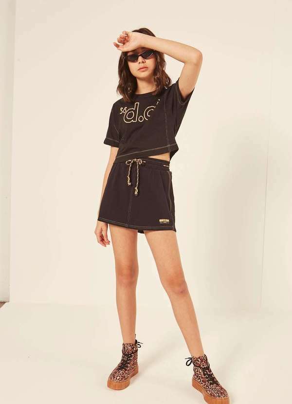 Saia de Moletom com Túnel e Cadarço de Malha Infantil Dimy Candy Preto ...