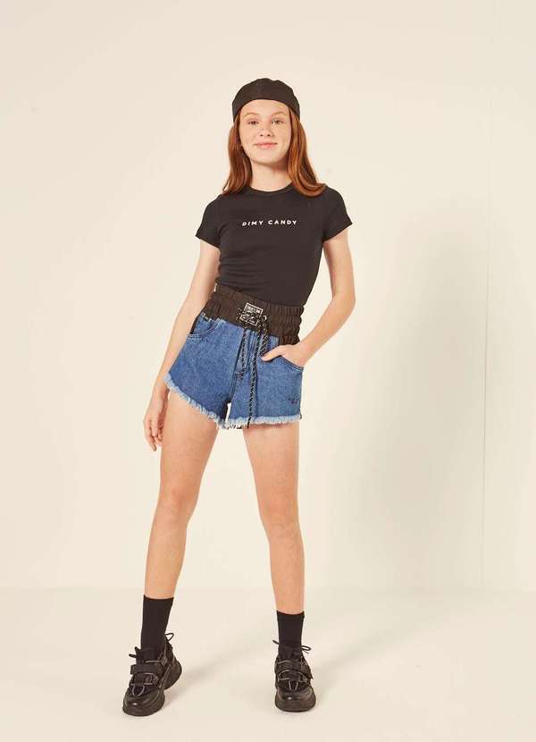 Shorts com Recortes Jeans e Nylon Jeans Infantil Dimy Candy Conforme ...