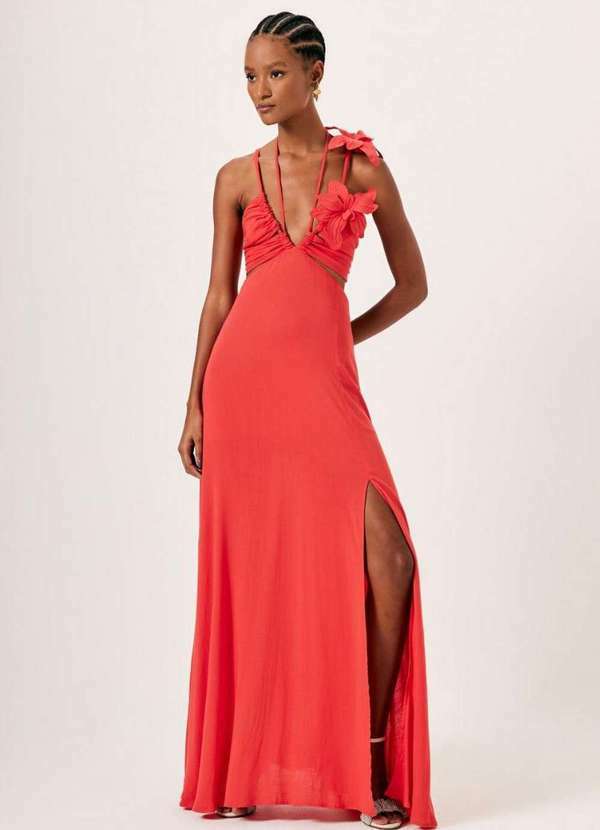 Vestido Longo com Aviamento de Flor Feminino Dimy Vermelho - Dimy