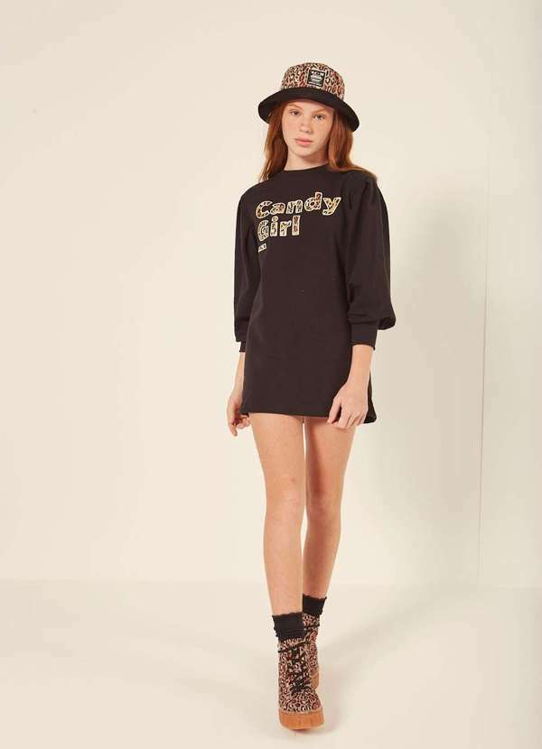 T-Dress com Manga Bufante e Estampa Técnica Infantil Dimy Candy Preto ...