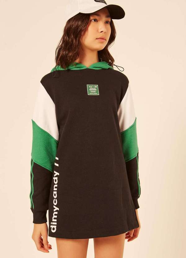 Vestido de Moletom Manga com Recortes e Capuz Infantil Dimy Candy Preto ...