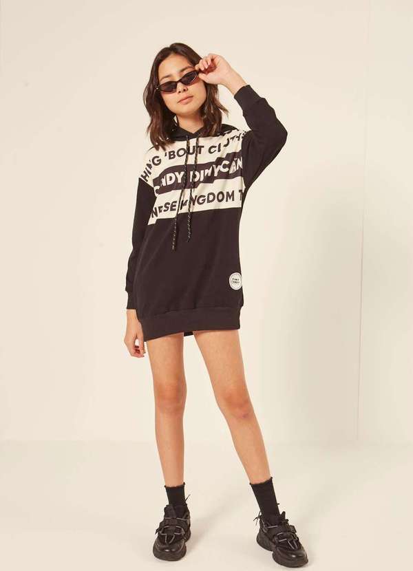 Vestido de Moletom Over com Manga e Capuz Infantil Dimy Candy Preto - Dimy