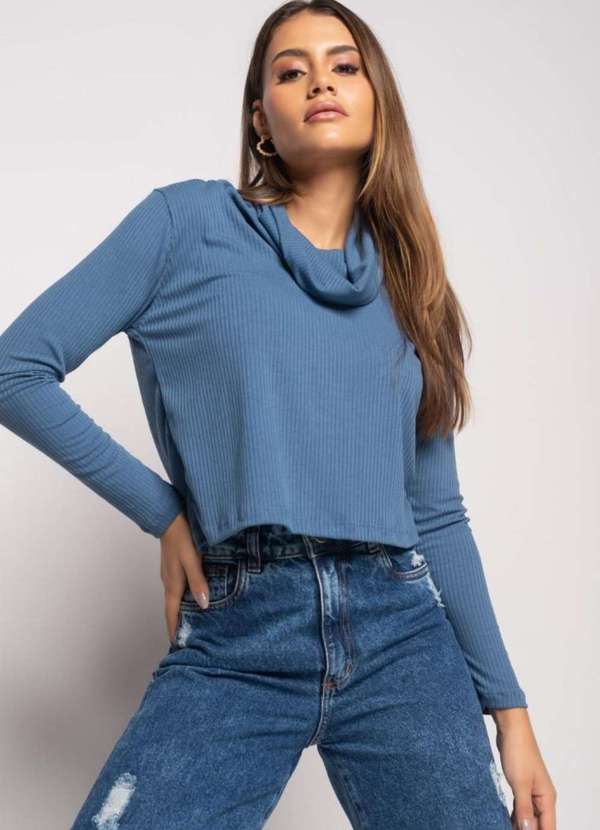 Blusa Golão Manga Longa Canelada Fashion Azul - Salvatore Fashion