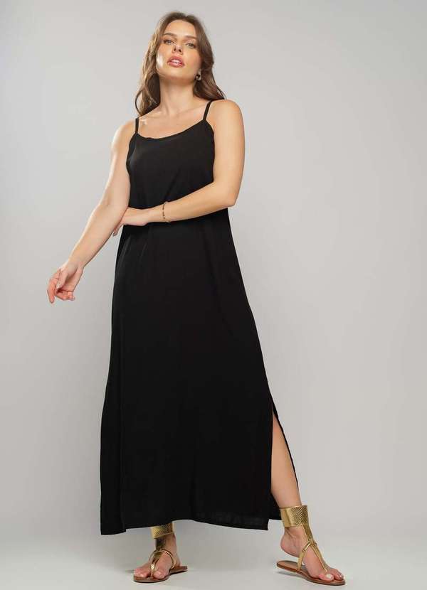Vestido Longo Viscolinho Fenda Fashion Preto - Salvatore Fashion