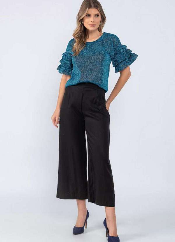 Blusa Lurex Leve Transparencia Babado Manga Azul - Lamis