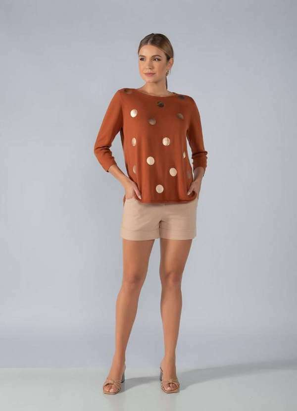 Blusa Mullet Poa Manga 3/4 Marrom - Lamis