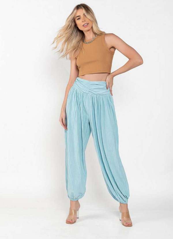 Calca Aladim Plissada em Suede Azul Indigo - Lamis