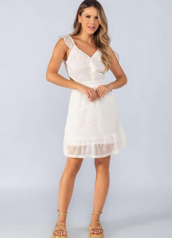 Vestido de Renda Babado no Decote Off White - Lamis