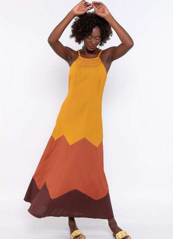 Vestido Midi Linho Tricolor Alça em Croche Marrom - Lamis