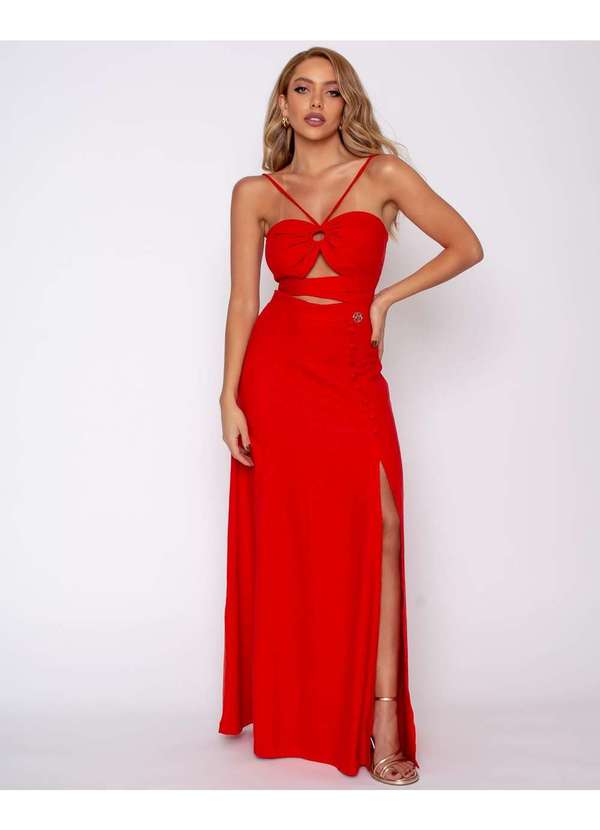 Vestido Miss Misses Longo com Ziper e Botoes Vermelho Vermelho - Dress Us