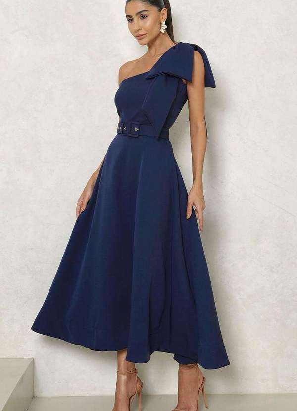 Vestido Julia Longo um Ombro So com Laco e Cinto Azul - Dress Us