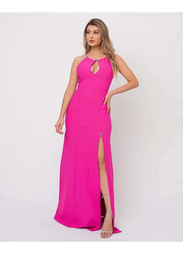 Vestido Miss Misses Longo Amarracao Brilho Pink Rosa - Dress Us
