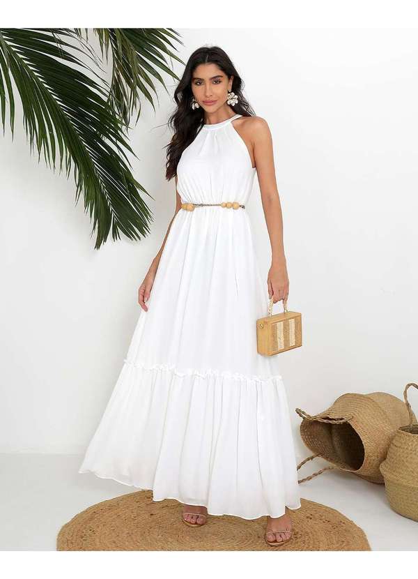 Vestido Miss Misses Longo Chiffon Gola Alta Off White Branco - Dress Us