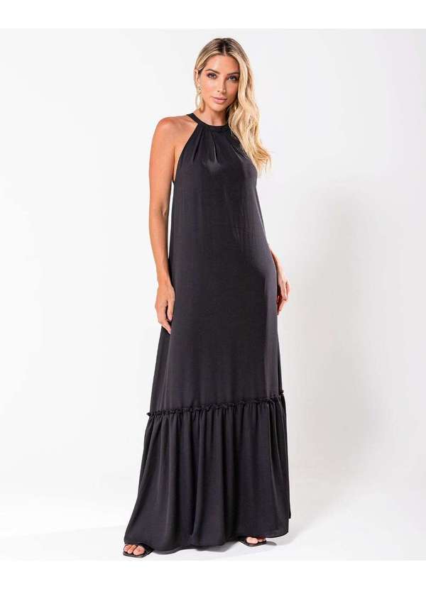 Vestido Miss Misses Longo Chiffon Gola Alta Preto Preto - Dress Us
