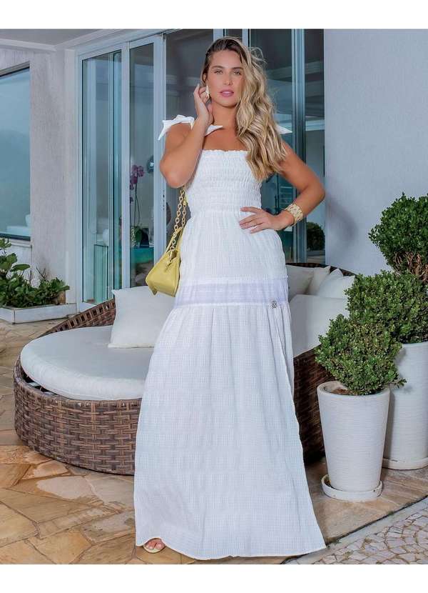 Vestido Miss Misses Longo com Fenda Branco Branco - Dress Us