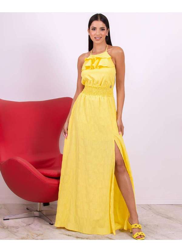 Vestido Miss Misses Longo com Fenda e Babados Amarelo Estampado - Dress Us