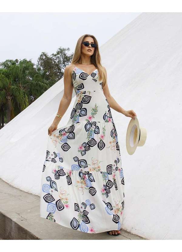 Vestido Miss Misses Longo Estampado com Alca Off White Bege - Dress Us